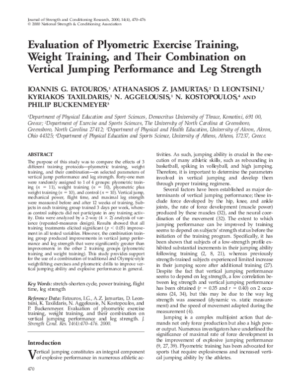 (PDF) Evaluation of Plyometric Exercise Training, Weight Training, and Their Combination on ...