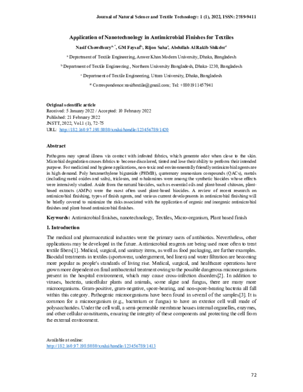 (PDF) Application of Nanotechnology in Antimicrobial Finishes for Textiles