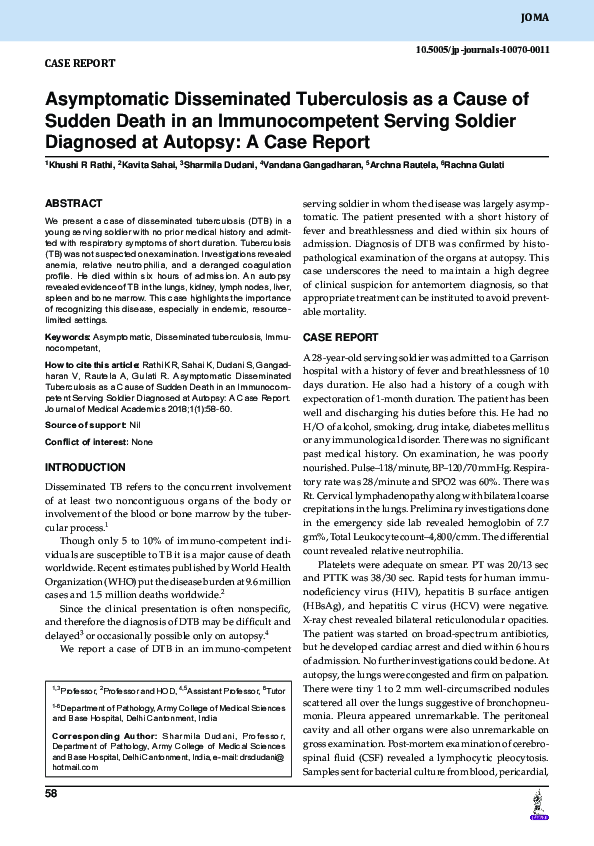 (PDF) Asymptomatic Disseminated Tuberculosis as a Cause of Sudden Death ...