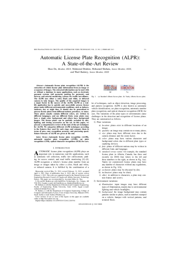 (PDF) Automatic License Plate Recognition (ALPR): A State-of-the-Art Review