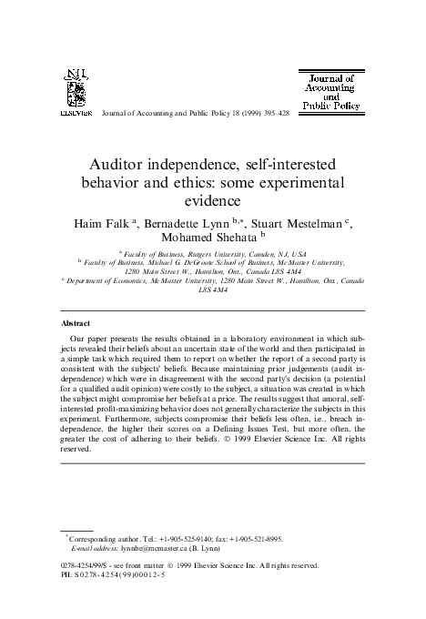 (PDF) Auditor independence, self-interested behavior and ethics: some experimental evidence
