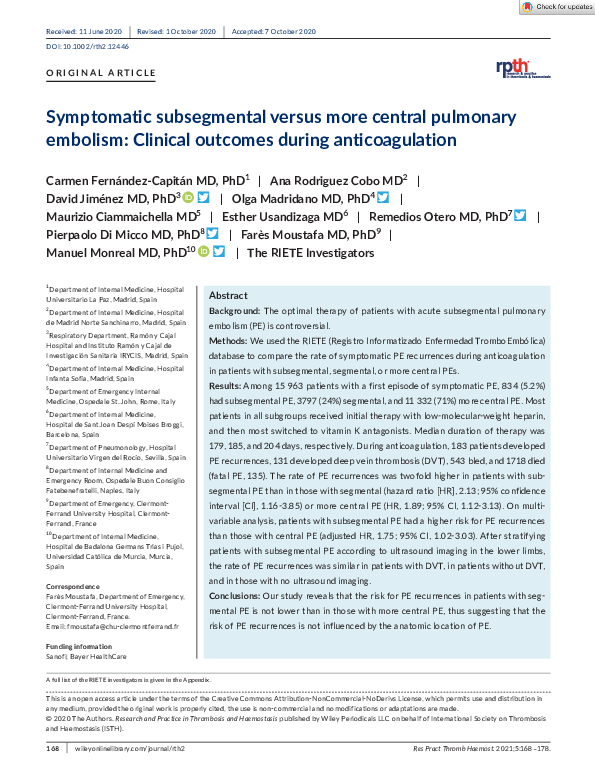 (PDF) Symptomatic subsegmental versus more central pulmonary embolism: Clinical outcomes during ...
