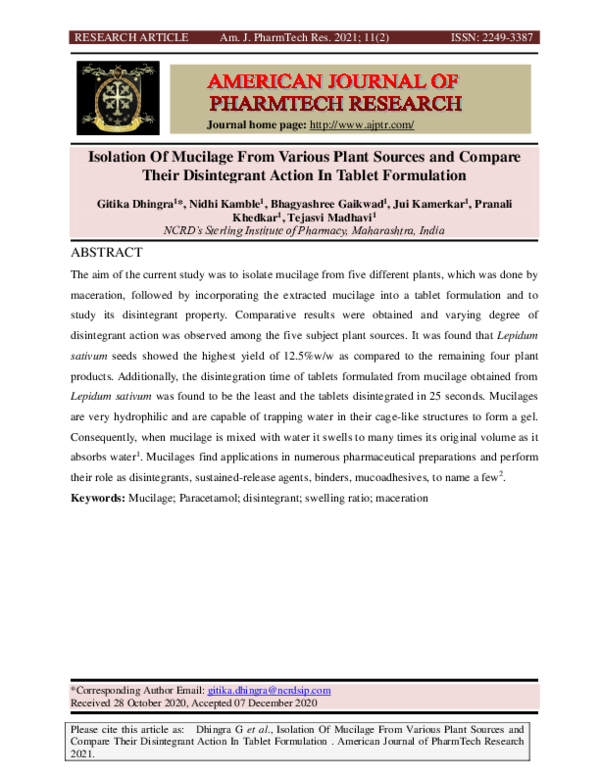 (PDF) Isolation Of Mucilage From Various Plant Sources and Compare ...