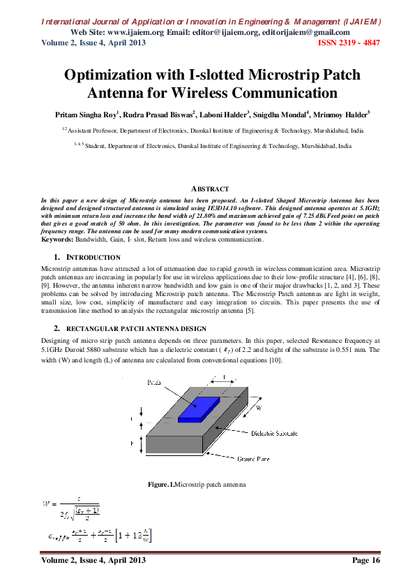 Pdf Optimization With I Slotted Microstrip Patch Antenna For Wireless