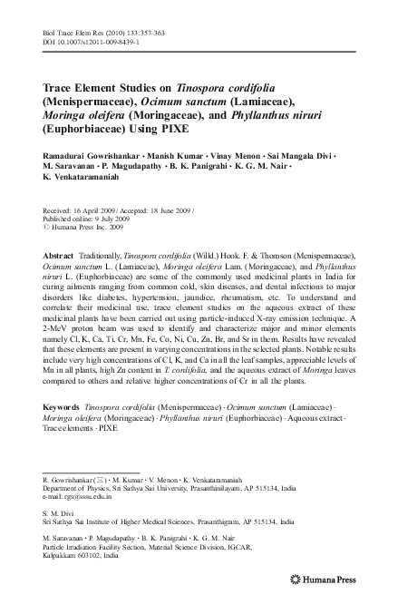 (PDF) Trace Element Studies on Tinospora cordifolia (Menispermaceae), Ocimum sanctum (Lamiaceae ...