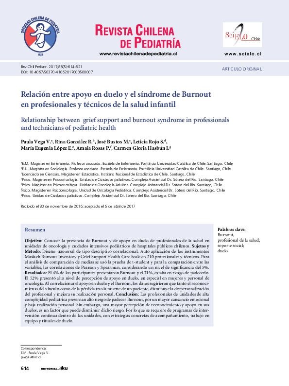 (PDF) Relación entre apoyo en duelo y el síndrome de Burnout en profesionales y técnicos de la ...