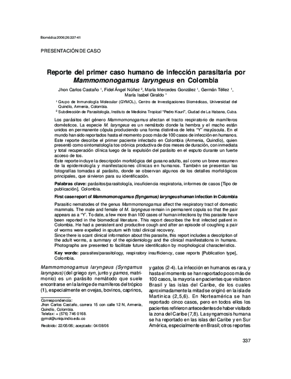 [First case report of Mammomonogamus (Syngamus) laryngeus human ...