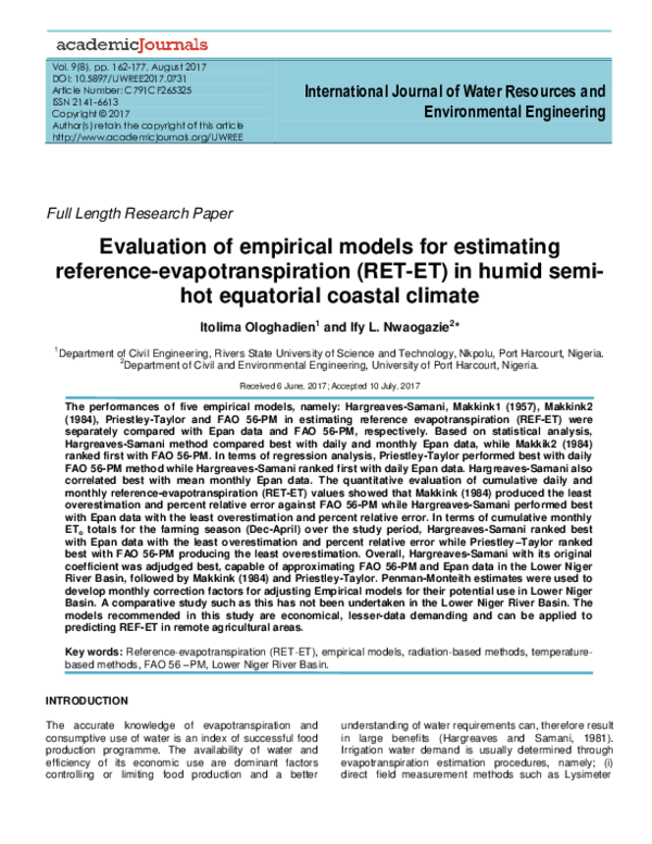 Pdf Evaluation Of Empirical Models For Estimating Reference Evapotranspiration Ret Et In