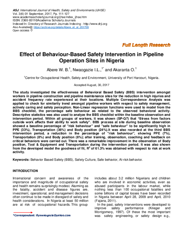(PDF) Effect of Behaviour-Based Safety Intervention in Pipeline ...