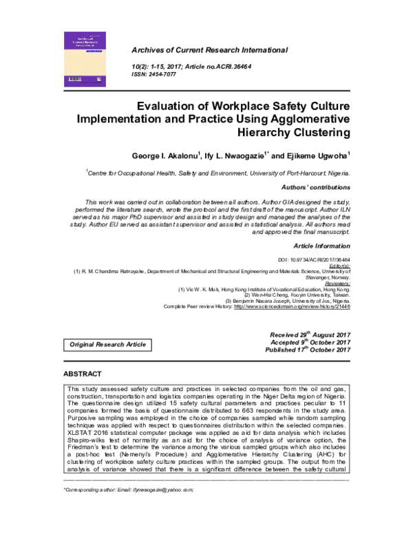 Evaluation Of Workplace Safety Culture Implementation And Practice Using Agglomerative Hierarchy 3176