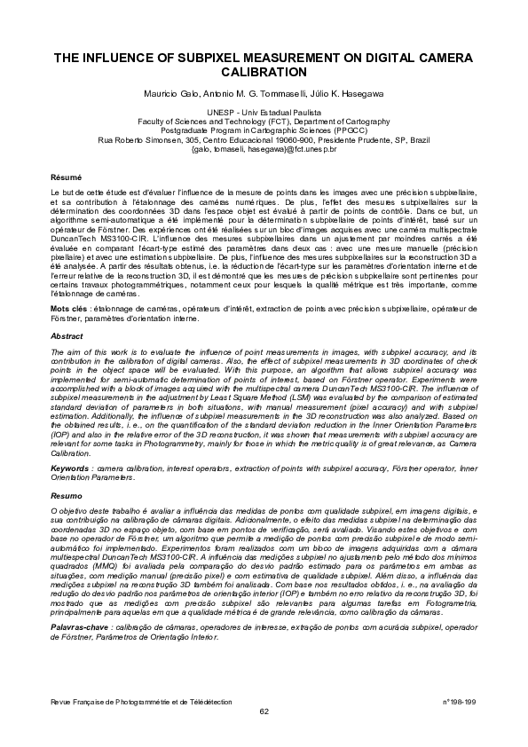 (PDF) The influence of subpixel measurement on digital camera calibration