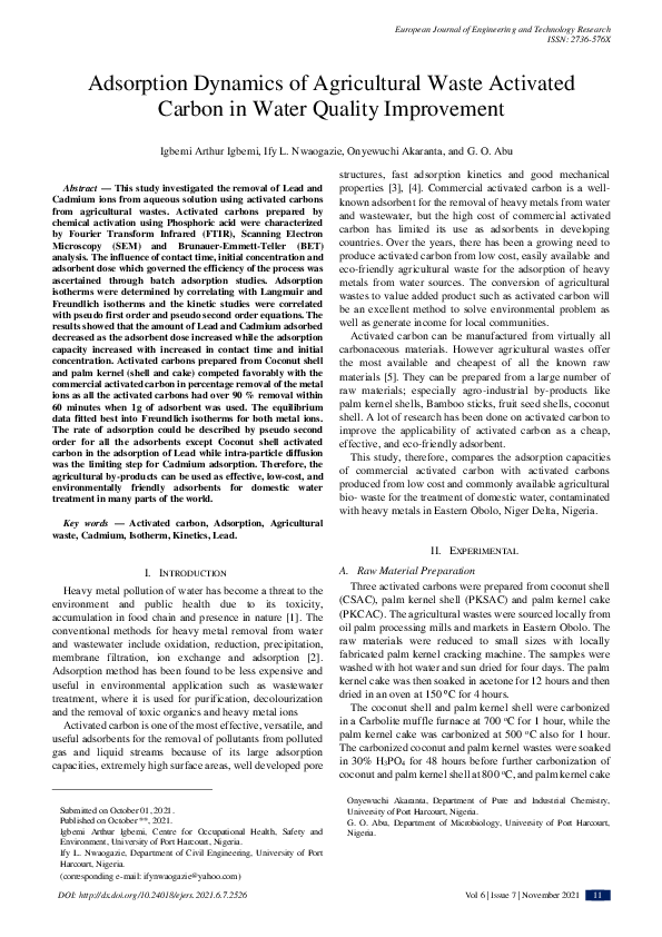 (PDF) Adsorption Dynamics of Agricultural Waste Activated Carbon in Water Quality Improvement