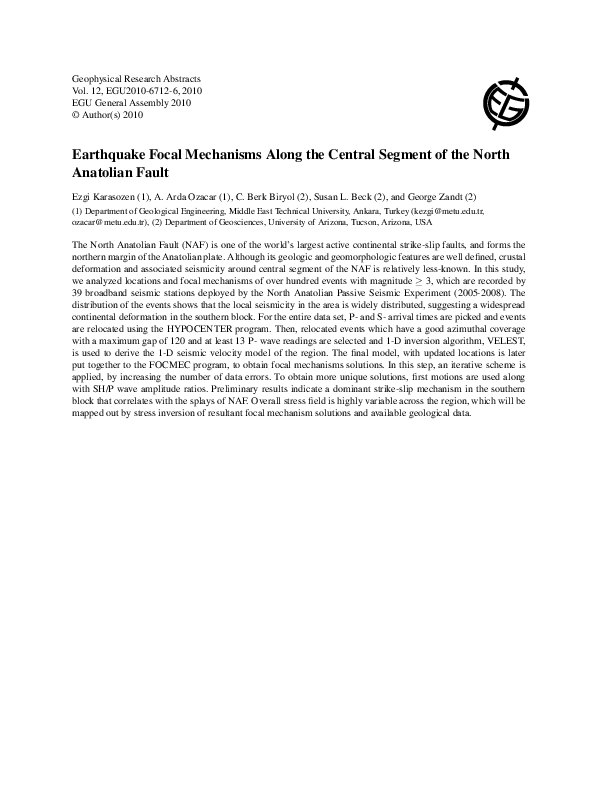 (PDF) Earthquake Focal Mechanisms Along the Central Segment of the ...