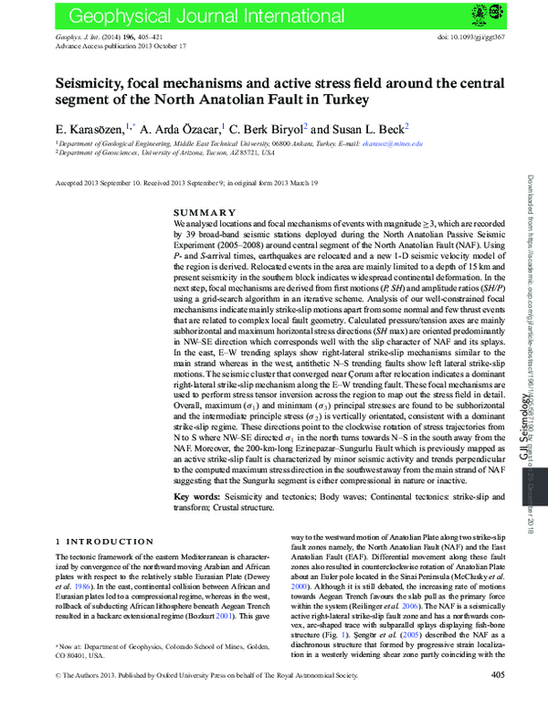 (PDF) Seismicity, focal mechanisms and active stress field around the ...