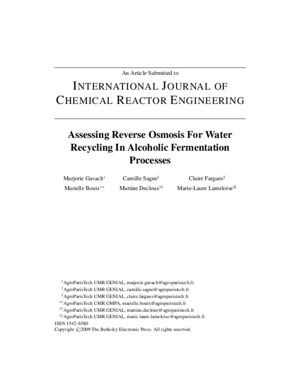 (PDF) Assessing Reverse Osmosis for Water Recycling in Alcoholic ...