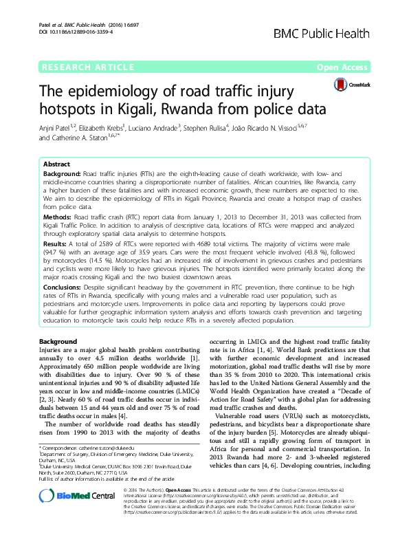 The epidemiology of road traffic injury hotspots in Kigali, Rwanda from ...