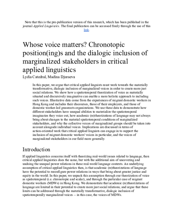 (PDF) Whose voice matters? Chronotopic position(ing)s and the dialogic inclusion of marginalized ...
