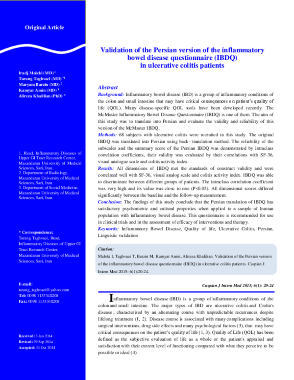 (PDF) Validation of the Persian version of the inflammatory bowel ...