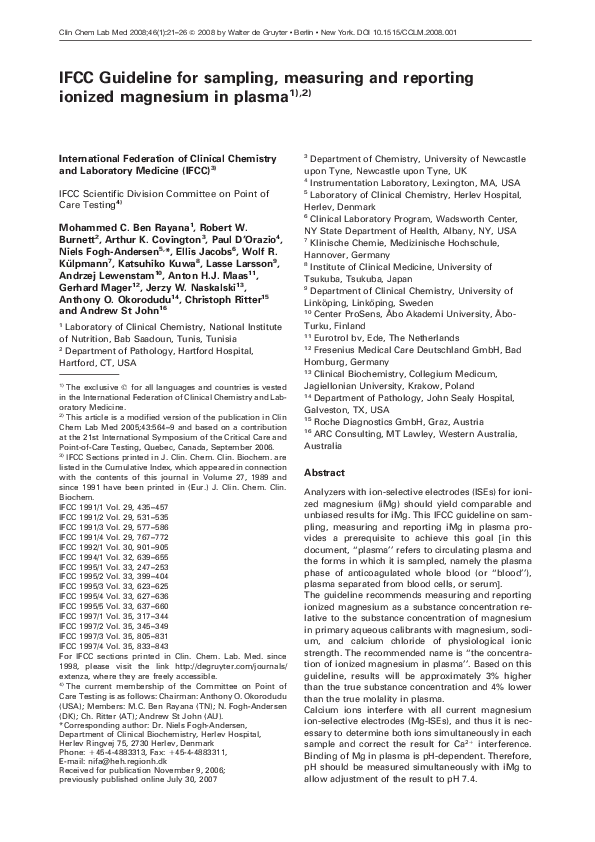 (PDF) IFCC Guideline for sampling, measuring and reporting ionized ...