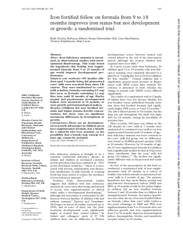 (PDF) Iron fortified follow on formula from 9 to 18 months improves ...