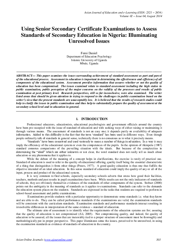 (PDF) Using Senior Secondary Certificate Examinations to Assess Standards of Secondary Education ...