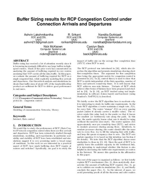 Pdf Buffer Sizing Results For Rcp Congestion Control Under Connection Arrivals And Departures 