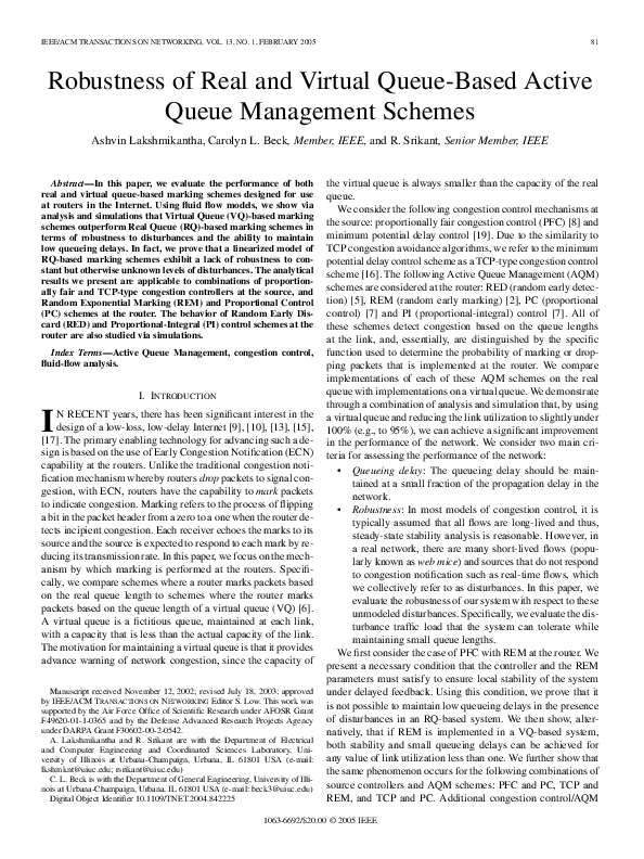 (PDF) Robustness of real and virtual queue-based active queue management schemes