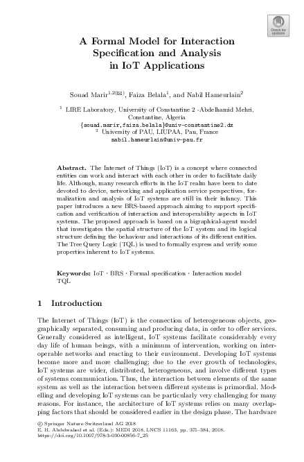 (PDF) A Formal Model for Interaction Specification and Analysis in IoT Applications