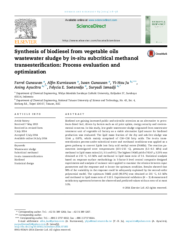 (PDF) Synthesis of biodiesel from vegetable oils wastewater sludge by ...
