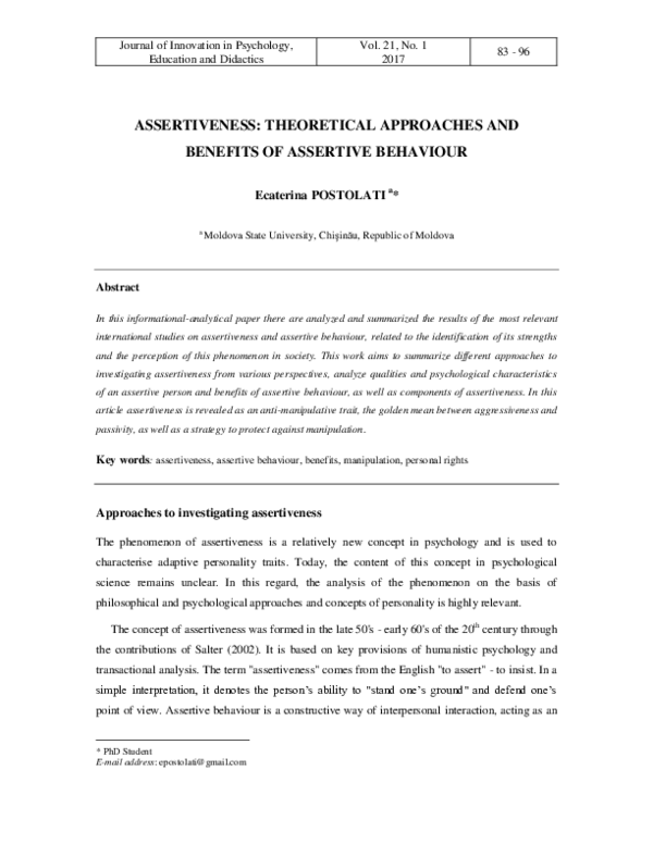 (PDF) Assertiveness: Theoretical Approaches and Benefits of Assertive Behaviour
