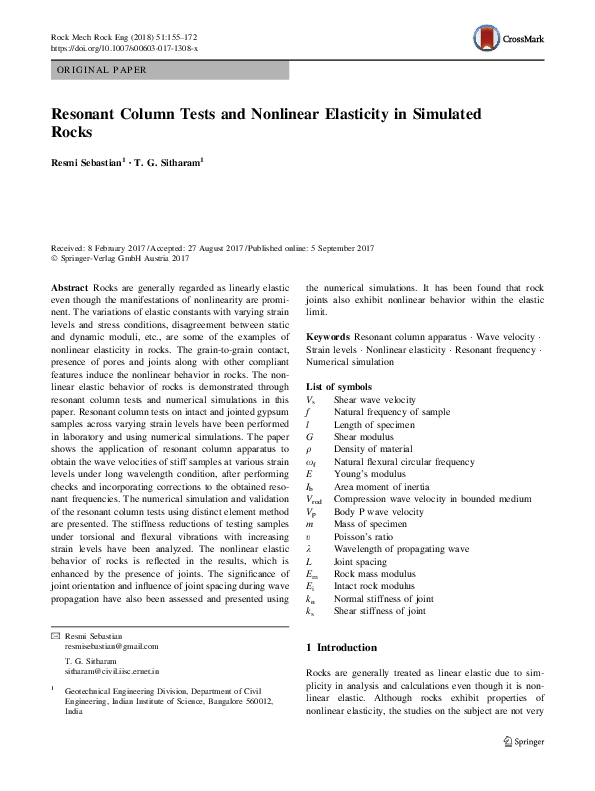 (PDF) Resonant Column Tests and Nonlinear Elasticity in Simulated Rocks