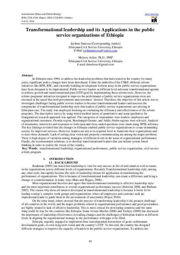 (PDF) Transformational leadership and its Applications in the public service organizations of ...