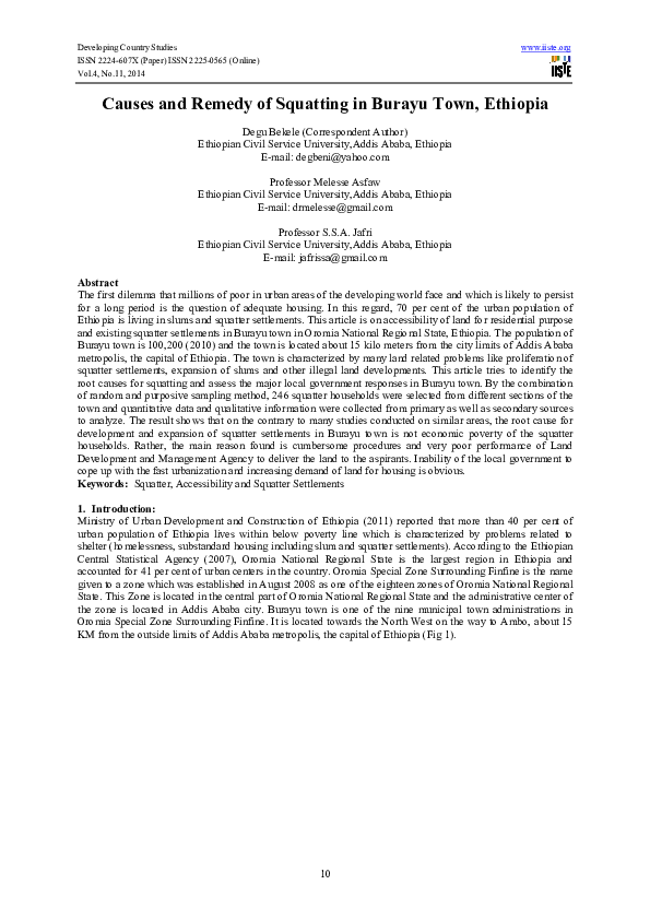 (PDF) Causes and Remedy of Squatting in Burayu Town, Ethiopia