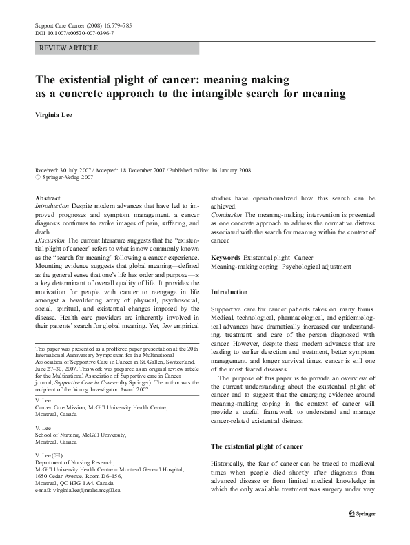 (PDF) The existential plight of cancer: meaning making as a concrete ...