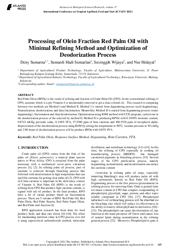 (PDF) Processing of Olein Fraction Red Palm Oil with Minimal Refining ...