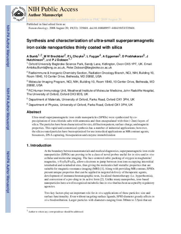 (PDF) Synthesis and characterization of ultra-small superparamagnetic iron oxide nanoparticles ...
