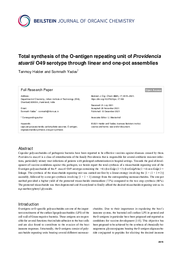 (PDF) Total synthesis of the O-antigen repeating unit of Providencia ...