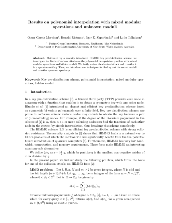 (PDF) Results on polynomial interpolation with mixed modular operations and unknown moduli ...