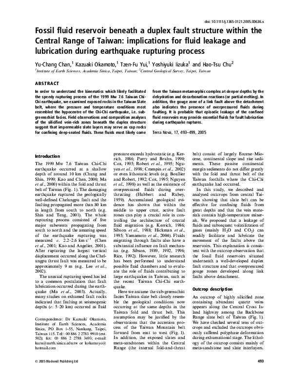 Pdf Fossil Fluid Reservoir Beneath A Duplex Fault Structure Within The Central Range Of Taiwan