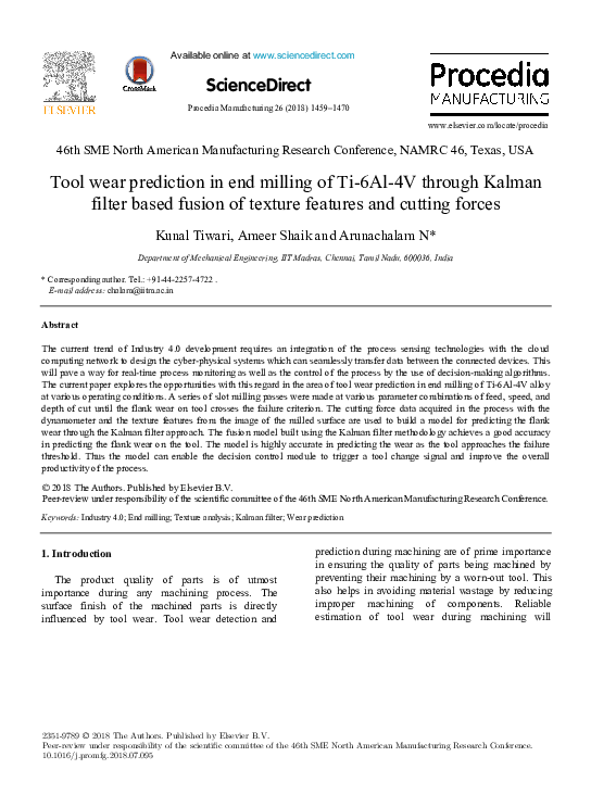 (PDF) Tool wear prediction in end milling of Ti-6Al-4V through Kalman filter based fusion of ...