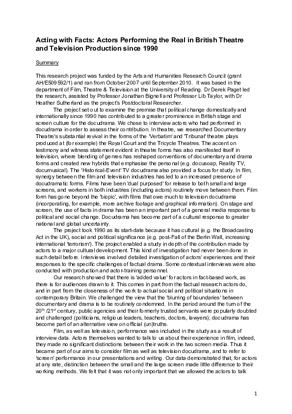 (PDF) Acting with Facts: Actors Performing the Real in British Theatre ...