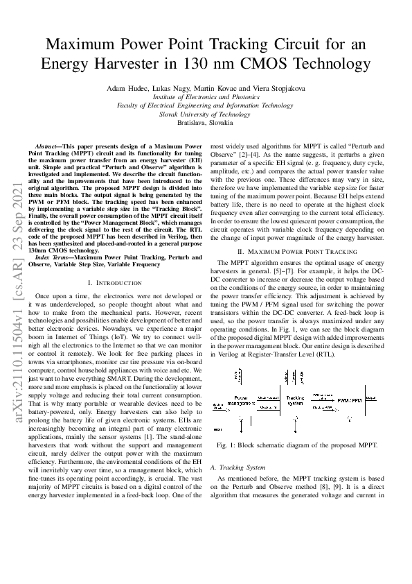 (PDF) Maximum Power Point Tracking Circuit for an Energy Harvester in 130 nm CMOS Technology