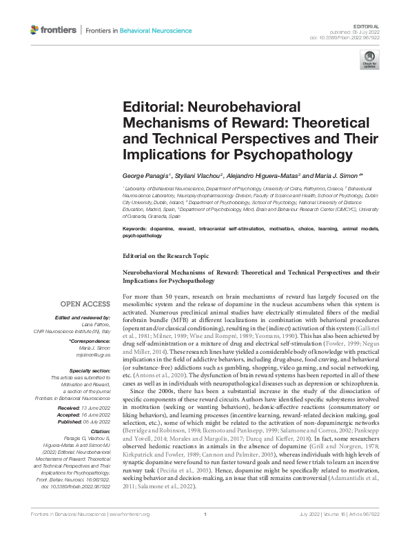 (PDF) Editorial: Neurobehavioral Mechanisms of Reward: Theoretical and ...