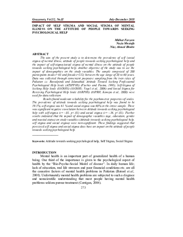 (PDF) Impact of Self-Stigma and Social Stigma of Mental Illness on the Attitude of People ...