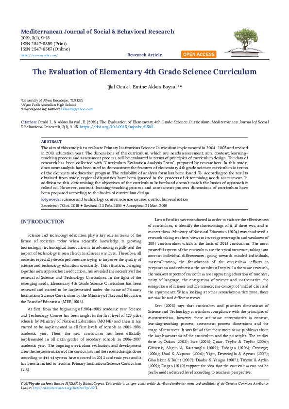 (PDF) The Evaluation of Elementary 4th Grade Science Curriculum