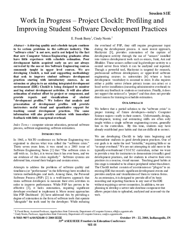 (PDF) Work in progress - project ClockIt: profiling and improving student software development ...