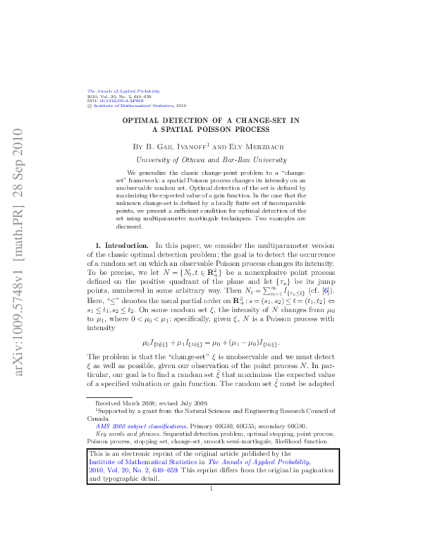 (PDF) Optimal detection of a change-set in a spatial Poisson process
