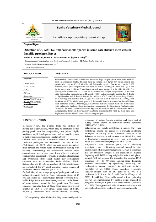 (PDF) Detection of E. coli O157 and Salmonella species in some raw ...