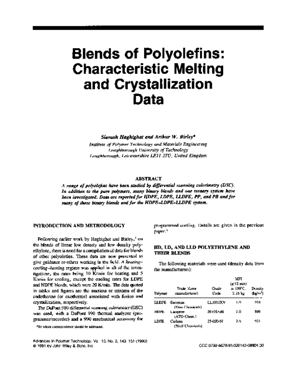 (PDF) Blends of polyolefins: Characteristic melting and crystallization ...