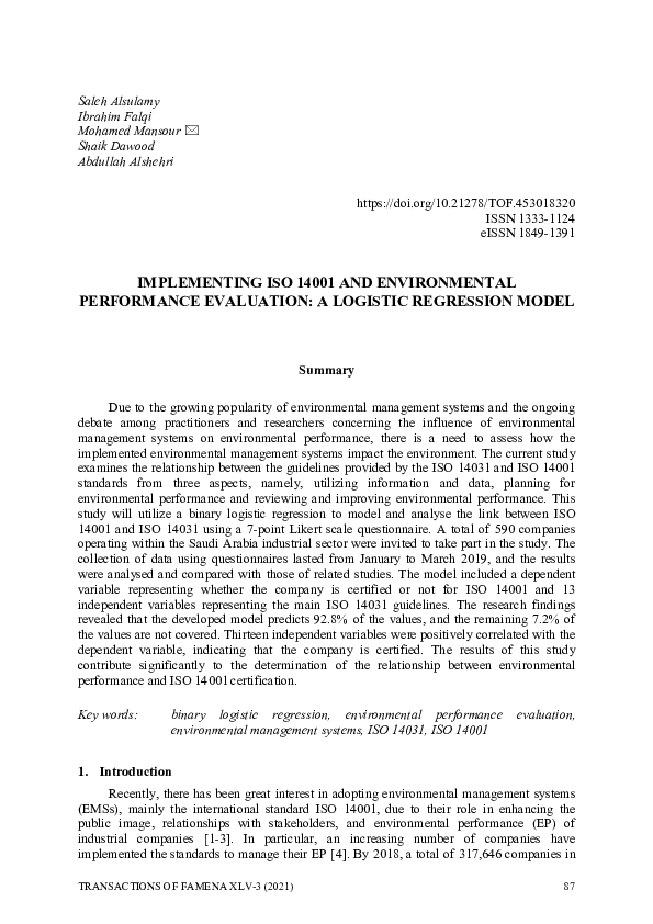 (PDF) Implementing ISO 14001 and Environmental Performance Evaluation: A Logistic Regression Model